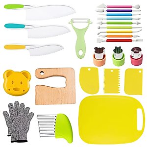 iKumar 25 Pcs Wooden Kids Kitchen Knife Set Include Plastic Kids Knife, Crinkle, Sandwich Cutter, Y Peeler, Cutting Board, Gloves, Fruit Mold Cutters and Carving Shaping Tools