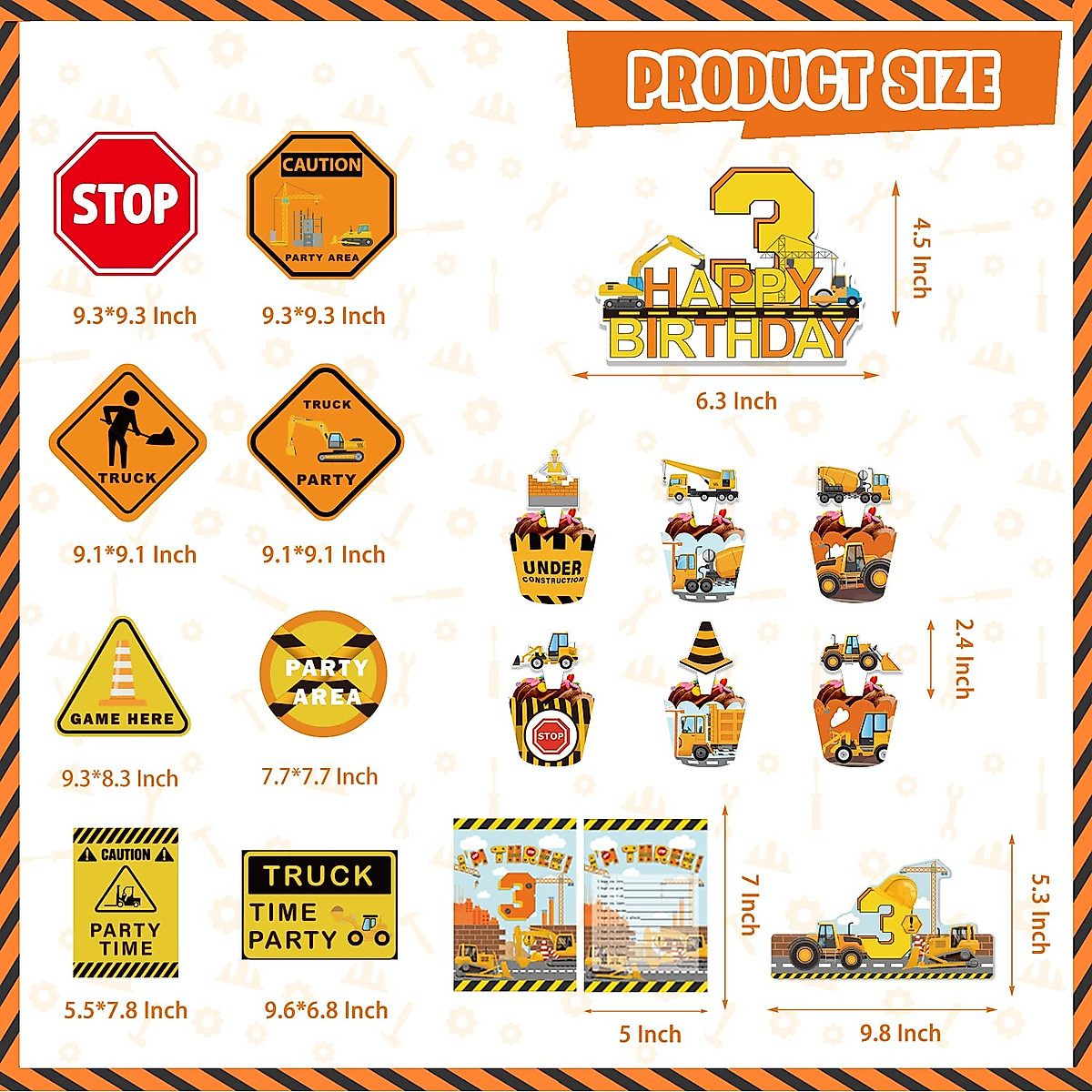 Construction Birthday Party Supplies for 3, 136 Pcs Dump Truck Party Decorations for Boys Baby,Backdrop, Banner, Cake, and Cupcake Toppers, Balloons, Party Traffic Signs, Tablecloth