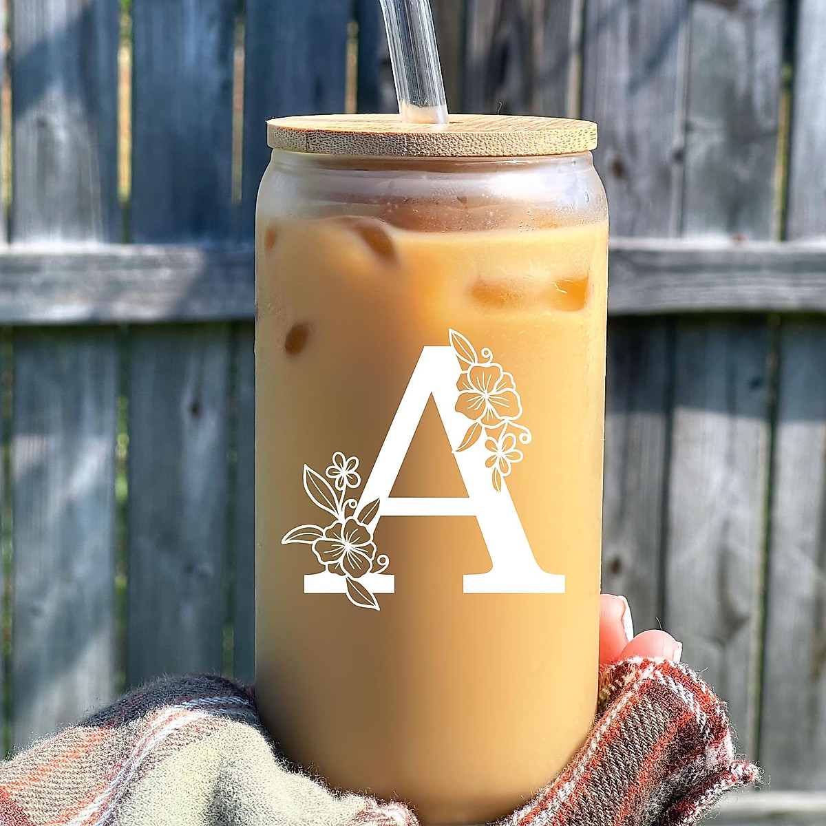 Personalized Tumbler, Monogrammed Can Glass Cups with Bamboo Lids and Straws, Customized Gifts for Women, Cute Design Initial Iced Coffee glasses, Custom Letter Mug, Birthday Bridesmaid, A