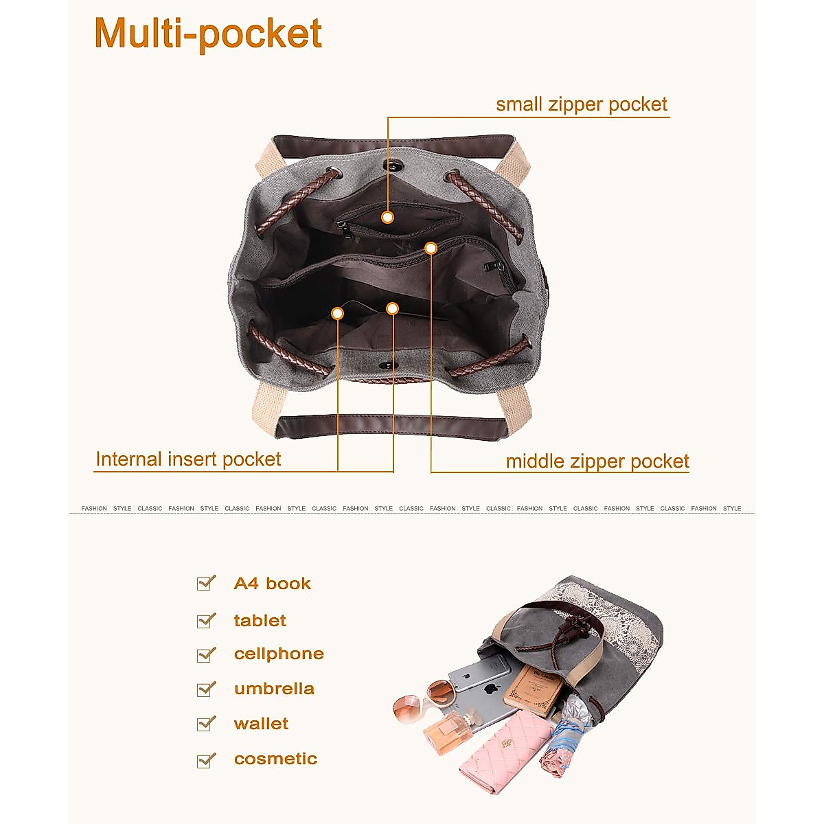 Women Printing Canvas Shoulder Bag Casual Hand Bags Purse Retro Tote Bags (Black) Medium