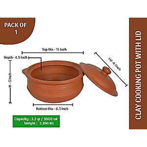 Village Decor Earthen clay cooking pot with lid (Capacity = 3000-3500 ML, Brown)