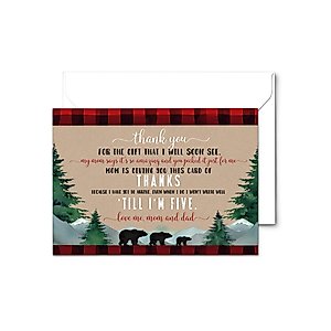 Paper Clever Party 25 Lumberjack Baby Thank You Cards Pack – Boys Baby Shower Notes with Envelopes, Prefilled Message, Customizable Blank Stationery, Rustic Bear, New Parents Gift Ideas