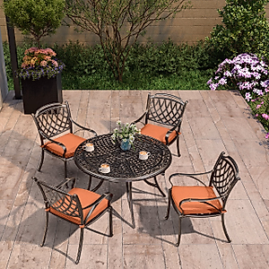 PURPLE LEAF Patio Dining Set Cast Aluminum 5-Piece Patio Furniture Set with 4 Dining Armchairs and 47" Round Table, 4 Cushions Included, for Lawn Yard Garden, Rhombic Brick Red Outdoor Dining Set