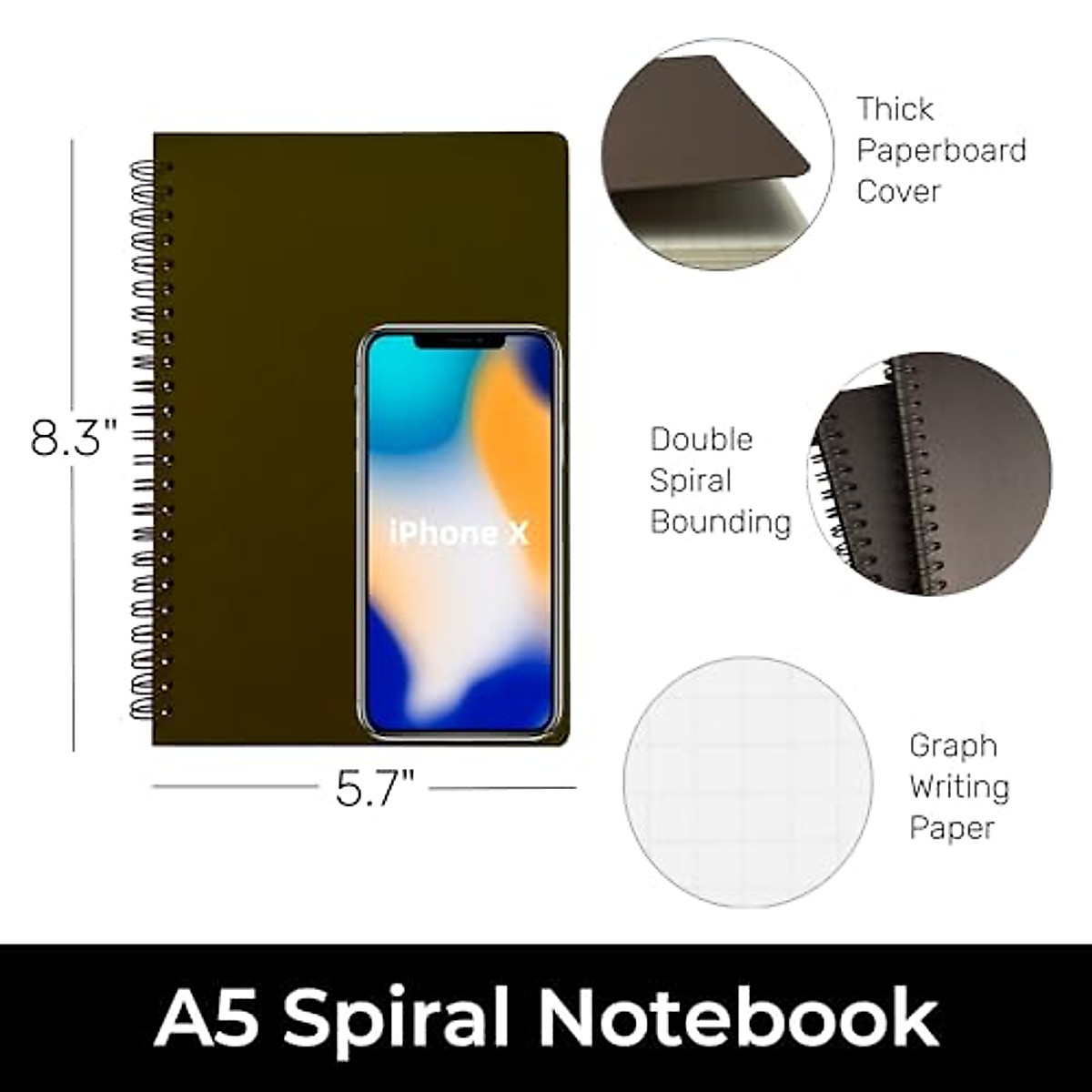 YADUO A5 Grid Spiral Notebook, Graph Paper Journal with 200 pages of Thick Paper, 2 Pack Writing Notepad for Engineering, Graphing in School&Office, 8.3 x 5.7 in, with 2 Gift Pens (Coffee)