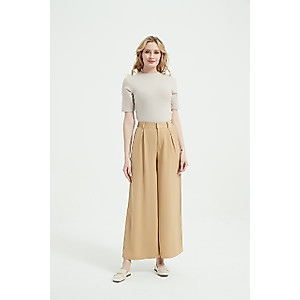 Tronjori Women High Waist Casual Wide Leg Long Palazzo Pants Trousers Regular Size(L, Sand)