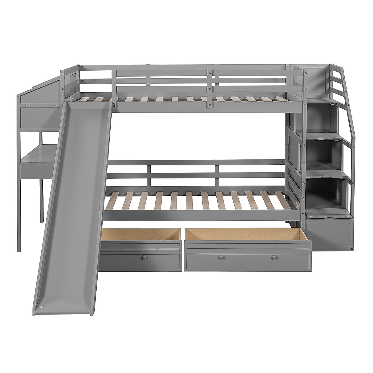 Harper & Bright Designs Twin Over Twin Bunk Bed with Stairs, Slide, Desk, Solid Wood Bunk Bed with Storage Drawers and Shelves, for Kids Teens Adults (Gray)