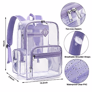 Fuyicat Heavy Duty Clear Backpack for Girls Boys Women Men, PVC Transparent School Backpacks See Through College Bookbag (Purple)