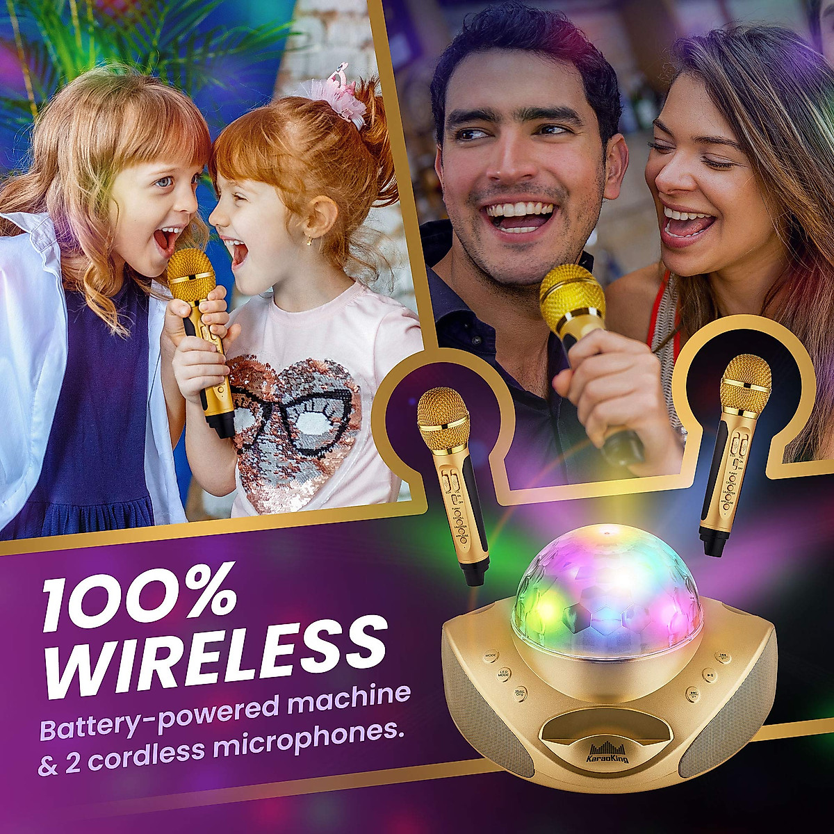KaraoKing New 2020 Karaoke Machine – for Adults and Kids –2 Wireless Karaoke Microphone, SD Card, USB, Bluetooth Compatible, Lights Function– Home, Bachelor Party, Picnic, Outdoor/Indoor [G308 Gold]