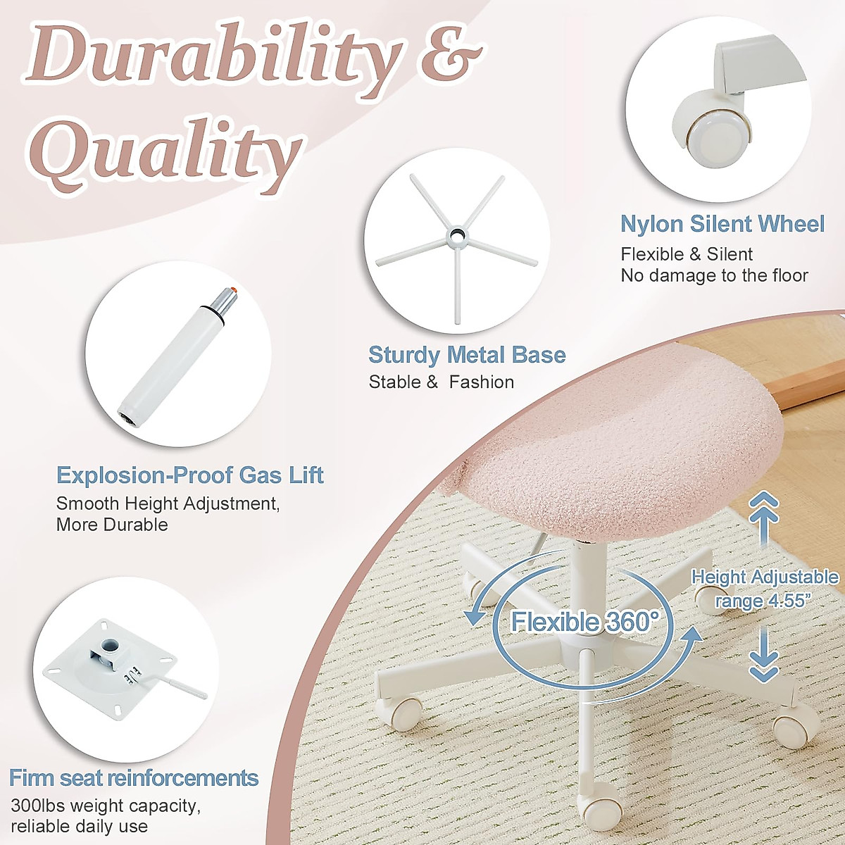 VINGLI Candy Chair Armless Cute Desk Chair,Comfy Small Office Chair with Wheels,Vanity Chair with Lumbar Support,Teddy Adjustable Rolling Swivel Computer Task Chair for Home Office,Bedroom,Gentle Pink