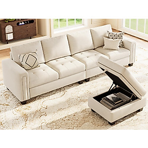Belffin Velvet Reversible Sectional Sofa with Chasie Convertible L Shaped 4-seat Sectional Couch with Storage Ottoman Beige