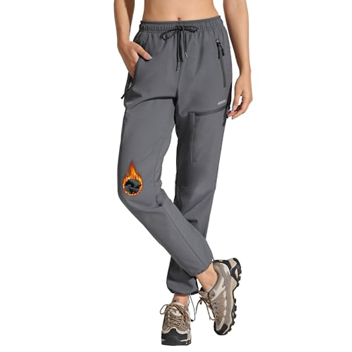 MOCOLY Women's Ski Snow Pants Warm Fleece Lined Hiking Pants Waterproof Windproof Softshell Insulated Warm Winter Cargo Pants Grey 3XL