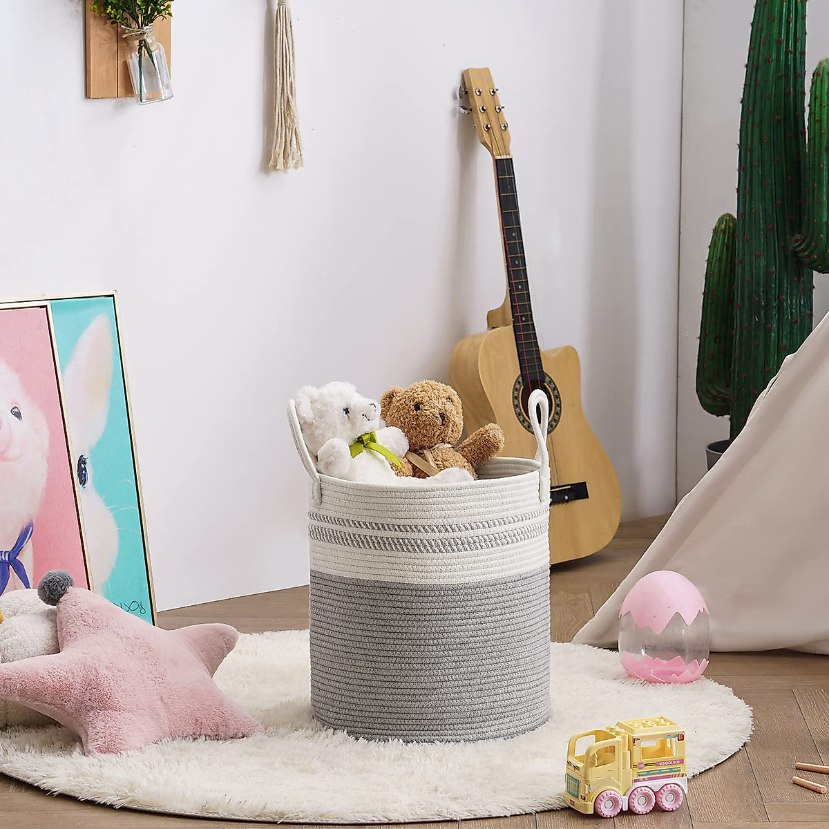 TECHMILLY Woven Rope Laundry Hamper Basket, Tall Laundry Basket Storage, Baby Nursery Hamper for Blanket, Clothes Hamper for Laundry in Bedroom and Living Room Organizing, Small, 42L, Grey