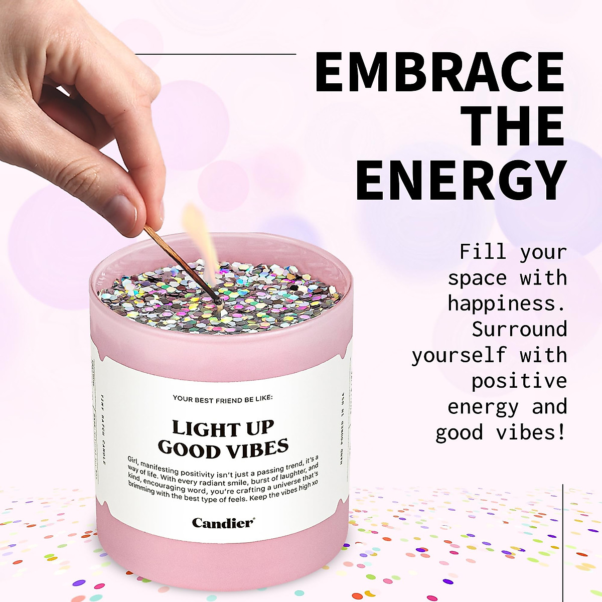 Light Up Good Vibes Candle, Scented Phthalate-Free Soy Candles with 60+ Hours Burn Time, Vegan Cruelty-Free Pink Candle for Any Occasion, Candles for Women & Men - Candier