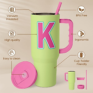 SANDJEST Monogrammed Tumbler with Handle 40oz, Letter K Tumblers Coffee Travel Cup with Straw, Personalized Monogram Initial Gifts for Women Girls, Customized Gifts for Christmas Birthday Mothers Day