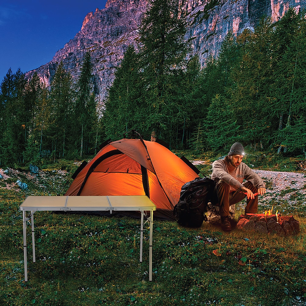 ARROWHEAD OUTDOOR 4’ ft Heavy-Duty Portable Aluminum Frame Folding Table w/Leveling Feet, Solid Tabletop Surface, 2 Adjustable Heights, Carrying Case Included, Lightweight, USA-Based Support