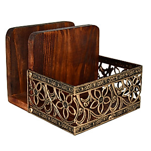 Owlgift Two-in-one Rustic Brown Wood Condiment Tabletop Serving Caddy with Napkin Holder, Metal & Wooden Napkin Holder, Freestanding Salt & Pepper Napkin Holder, Malfunction Salt Pepper Storage Holder