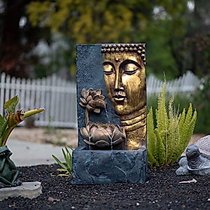 XBrand 30" H Bronze and Natural Grey Polyresin Indoor Outdoor Cascading Lotus Buddha Face Water Fountain w/LED Light, Freestanding, Relaxing Zen Décor for Home Patio Garden Backyard