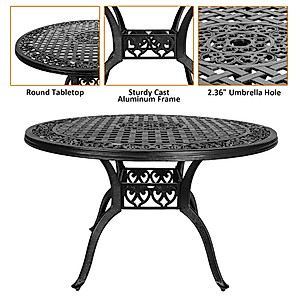 PATIO-IN 48.23" Patio Dinning Table, All-Weather Cast Aluminum Table with 2.36" Umbrella Hole, Patio Furniture Table, Outdoor Dining Table for Backyard and Poolside