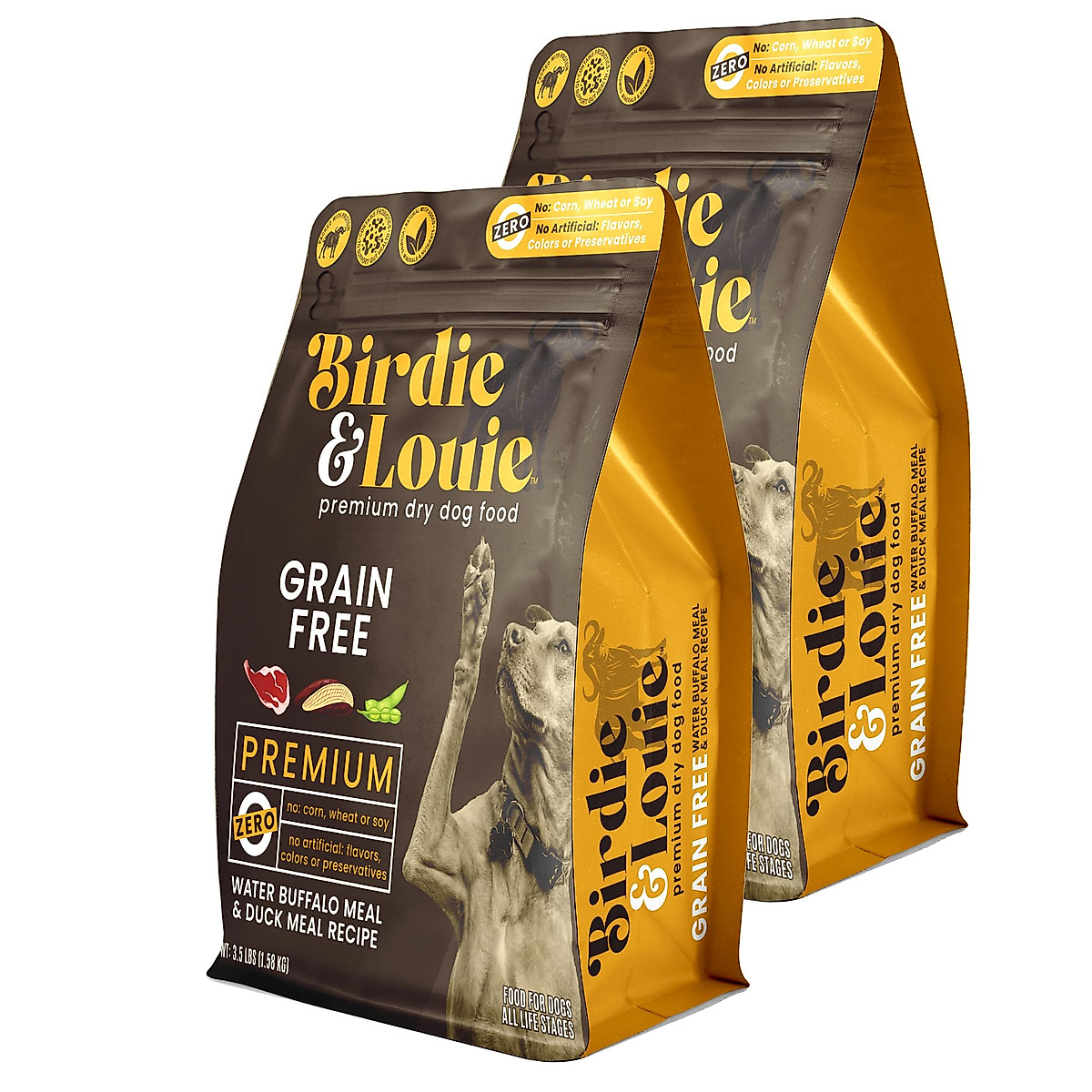 Birdie and Louie Dry Dog Food Buffalo Meal & Duck Meal Recipe 3.5 Lb Easy Seal Bag (2 Bags)