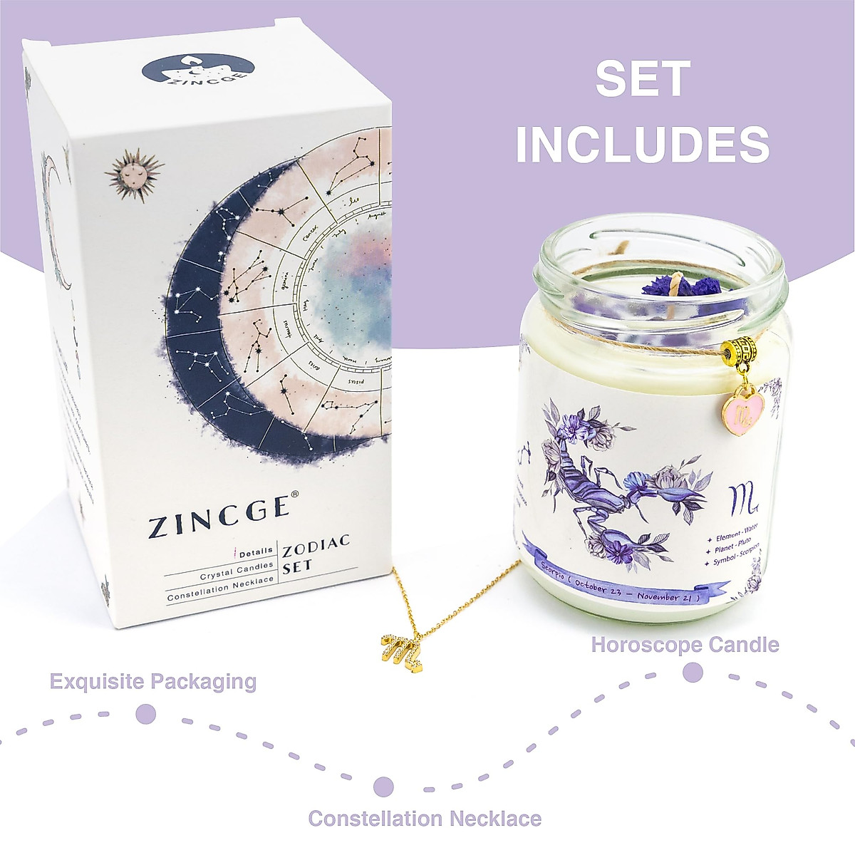 Scorpio Zodiac Gift Set for Women,ZINCGE Scorpio Soy Scented Candle, Scorpio Necklace Pendant for Women, Zodiac Sign Crystal Candle Gifts Set,October Astrology Gifts