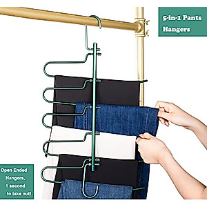 Pack of 2 Pants Hangers, 5 Layers Space Saving Jeans Hangers Detachable Clothes Trousers Hangers for Slacks Scarf Jeans + 2 Space Saving Magic Hangers - Closet Wardrobe Clothes Organizers