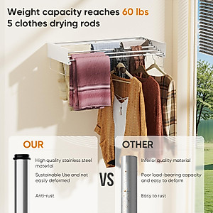 Wall Mounted Drying Rack, Laundry Clothes Drying Rack Foldable, Collapsible Drying Rack Clothing Wall Mount with 2 Towel Handles and Wall Template for Indoor Outdoor Hanging Clothes, 5 Rods, 31.5 Inch