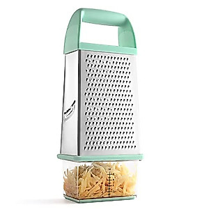 Spring Chef Professional Box Grater With Storage Container, Stainless Steel & Soft Grip Handle, 4 Sides, Handheld Kitchen Food Shredder Best for Parmesan Cheese, Vegetables, Ginger, 10" Mint