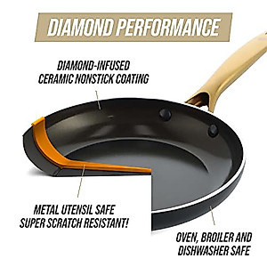 Blue Diamond Gold 10 Piece Cookware Set,Ceramic Nonstick, PFAS Free, PFOA Free, Induction Suitable, Dishwasher Safe, Gold Handle, Black