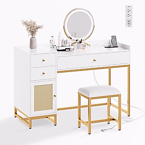 AWQM White Makeup Vanity Desk with Stools,Rattan Vanity Table Set with Power Outlet,Makeup Table Dressing Table with Drawers & Cabinet, Small Vanity Table for Bedroom with Storage,Without Mirror