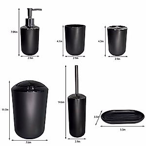 Tairuilan Bathroom Accessories Set,Toothbrush Cup,Toothbrush Holder,Soap Dish,Soap Dispenser,Toilet Brush Holder, Trash Can,6 Piece Plastic Gift Set (Black)
