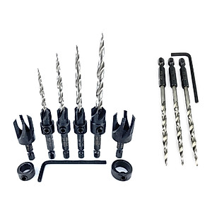 FTG USA Wood Countersink Drill Bit Set Sizes 6 8 10 12 Countersink Tapered Drill Bits, 2 Wood Plug Cutter 3/8" & 1/2" with 3 Replacement Bits #8 (11/64"), 2 Stop Collars, 1 Allen Wrench, Hex Shank