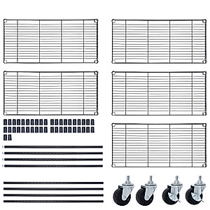 JupiterForce 5-Shelf Adjustable, Heavy Duty Storage Shelving Unit with 4 Wheel Casters, Metal Organizer Wire Rack for Kitchen, Office, Garage, Black (30L x 14W x 62H)