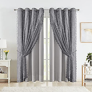 4 Pieces Grey Blackout Curtains & Elegant Rose Floral Lace Sheer Curtains for Bedroom Farmhouse Mix and Match Double Layer Or Single Layer Gray Room Darkening Grommet Window Drapes, 52"W x 84"L x 4