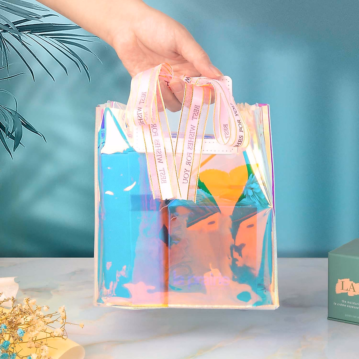 Holographic Small Gift Bags 2 Pack 7.9 * 7.1 * 3.9 Inch with Handles for Women, Girls, Birthday, Christmas, Bachelorette Party Favors, Shopping Reusable Clear Gift Wrap Bag