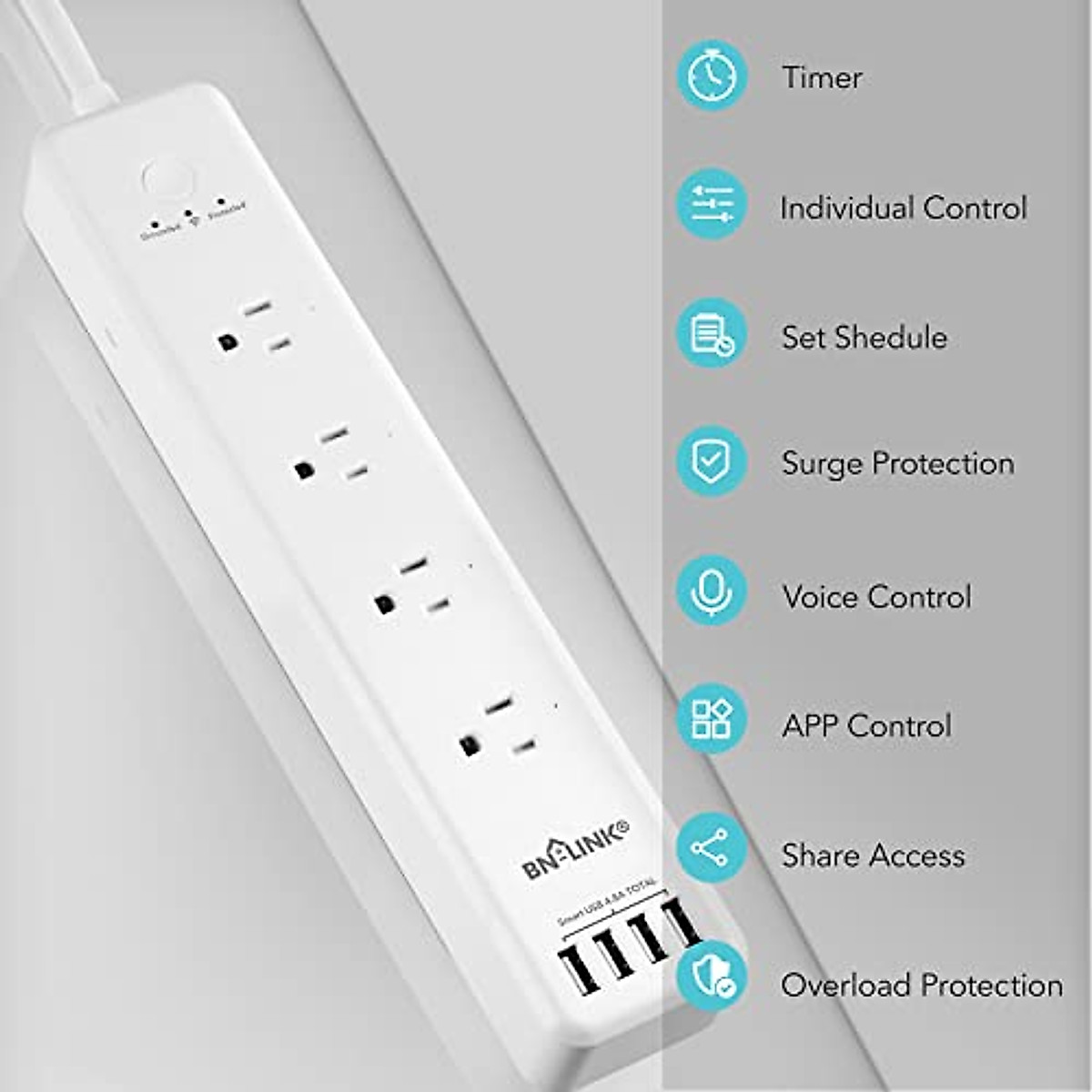 BN-LINK Smart Power Strip Compatible with Alexa Google Home, Smart Plug WiFi Outlets Surge Protector with 4 USB 4 Charging Port Multi Plug Extender,15A