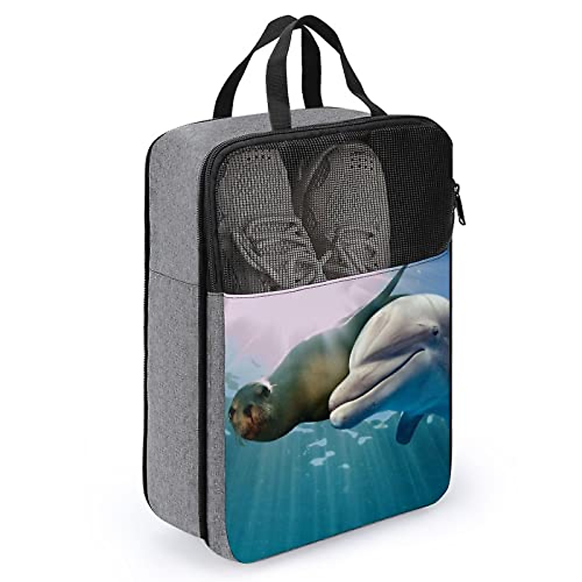 Frcavbin Travel Shoe Bag Shoes Carrier with Handle and Zipper Foldable Shoe Puches Organizer for Home storage School starts (Dolphin And Sea Lion)