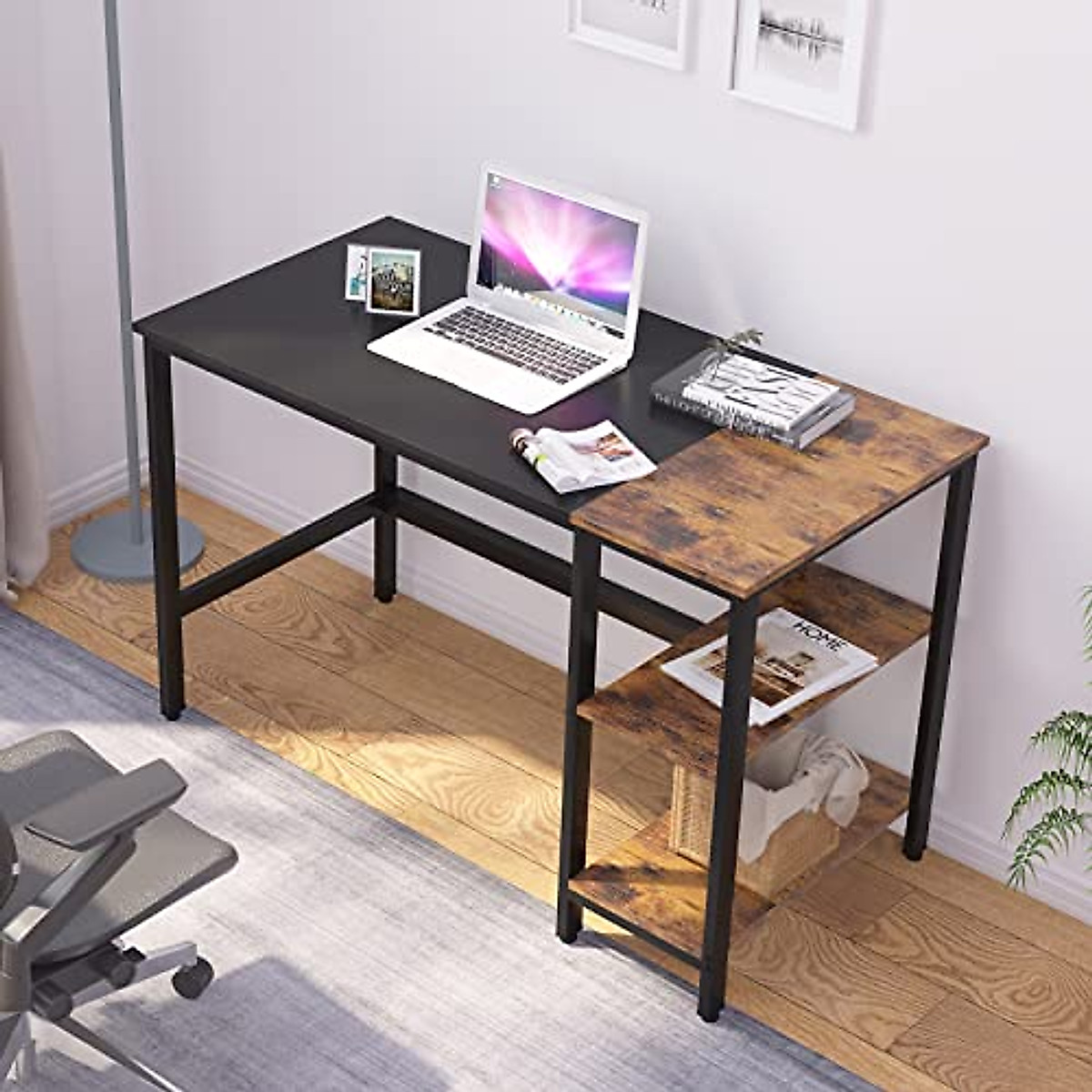 soges 47.2 Inch Home Office Computer Desk, Study Writing Table Desk with with Splice Board, Wooden Study Working Table Desk with 2-Tier Storage Shelf,Modern Laptop PC Table