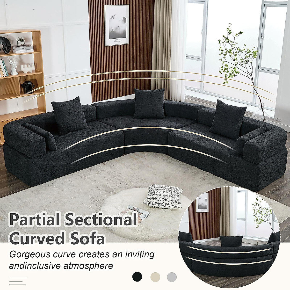 Oversize Modern Curved Sofa Couch for Living Room,Boucle Fabric Corner Cloud Sofa with 5 Pillows,Minimalist Style Comfy L Shape Couch,4 Seater,Black,Frameless