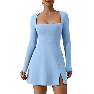 QINSEN Womens Airy Blue Mini Dress for Casual Long Sleeve High Waist Bodycon Dresses S