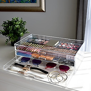 Ikee Design Large Premium Acrylic Jewelry Organizers with 3 Drawers, Acrylic Jewelry Box, Jewelry Display Organizer, Ideal for Vanity,Bathroom,Desktop,14.5 W x 8.25 D x 4.5 H in, with Black Padding