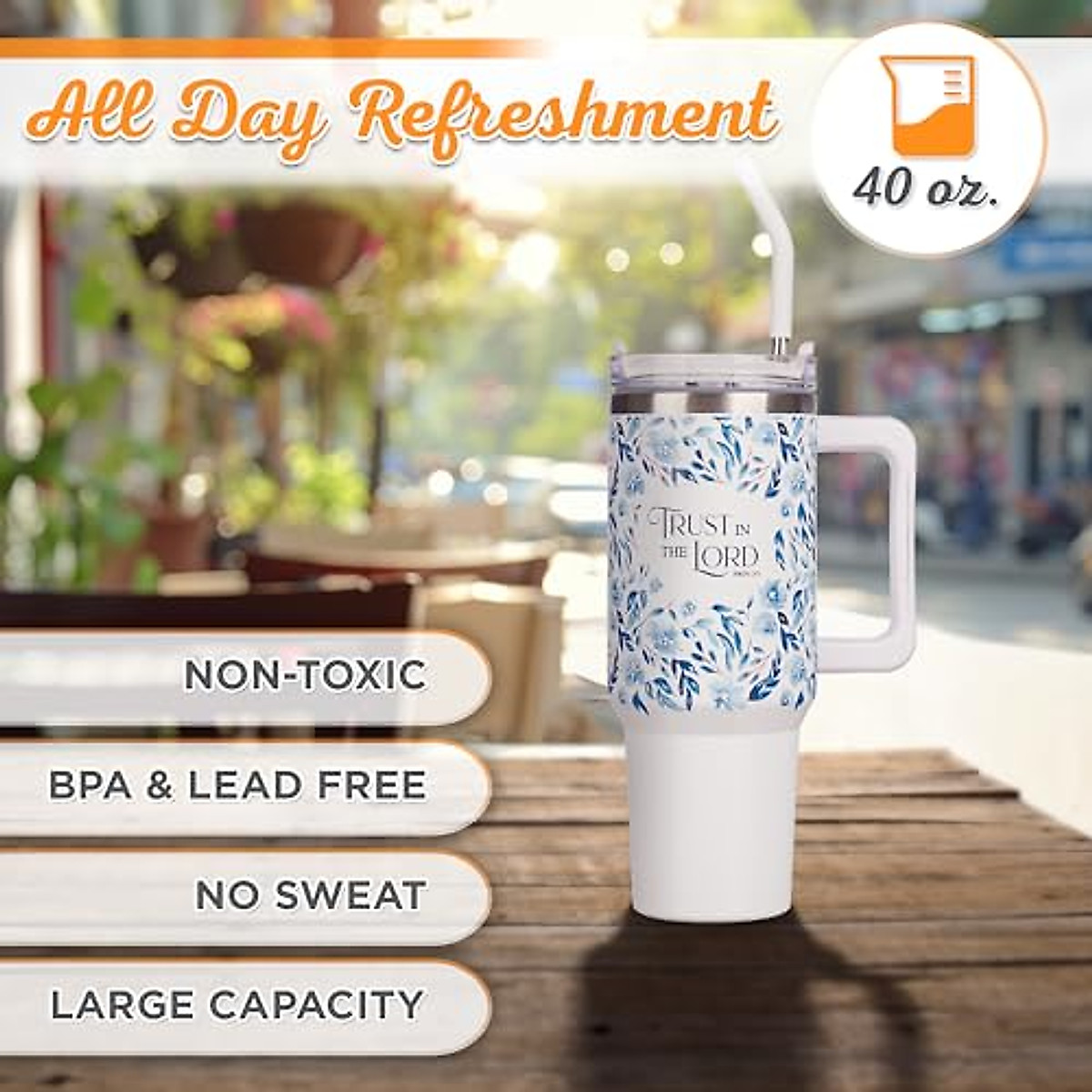 Christian Art Gifts Extra Large Double Wall Stainless Steel Insulated Travel Tumbler for Women: Trust in the Lord Uplifting Scripture, Twist Dial Lid, Reusable Straw & Tip, White & Blue Floral, 40 oz