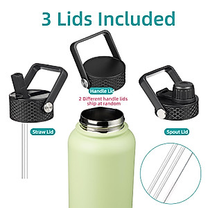 Konokyo Insulated Water Bottle with Straw,32oz 3 Lids Metal Bottles Stainless Steel Water Flask,Macaron Green