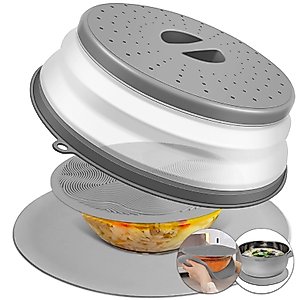 3 in 1, JesDiary Microwave Cover & Silicone Mat - Mat as Bowl Holders, Cover for Food Splatter Guard, Hot Pad,Breathable Easy Folding Food Lids Multi-use Washing Basket for Vegetables and Fruits,Grey