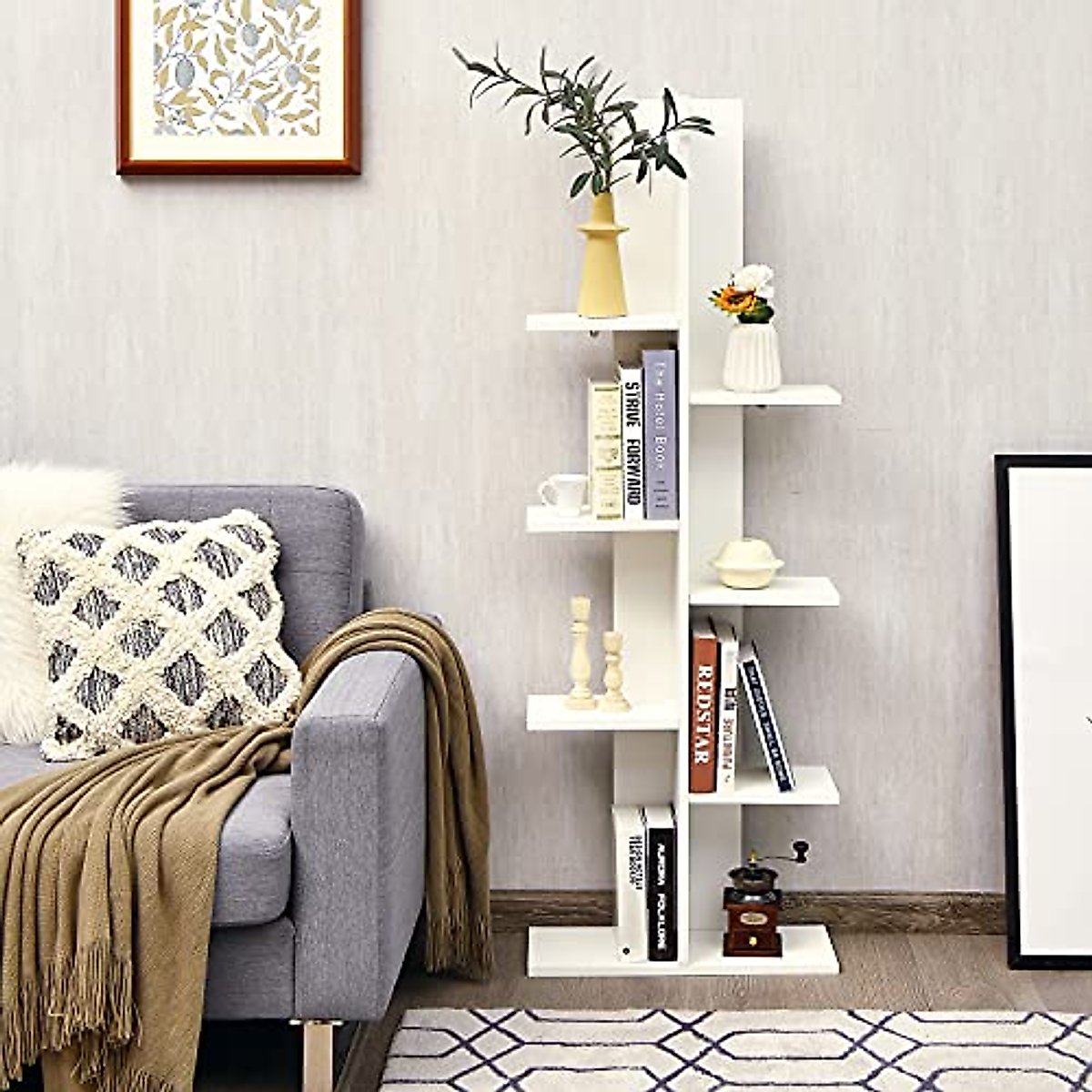 Tangkula 8 Shelf Bookshelf, Wooden Tree Bookcase with 8 Book Shelf, 20”L x 8”W x 55.5”H, Freestanding 8 Tier Storage Display Shelf with Anti-toppling, Corner Shelf for Living Room Home Office (White)