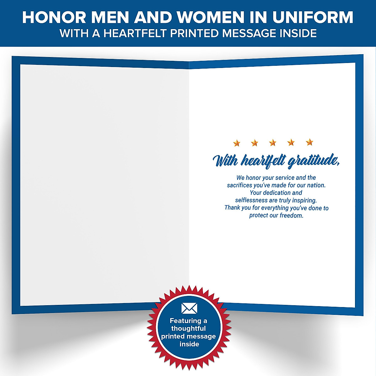 Decorably Gold-Foiled Individual Thank You for Your Service Card with Wooden Letters on Die-Cut Badge, 5x7in Veteran Thank You Cards Set with Envelope & Stickers, Veteran Card with Printed Message