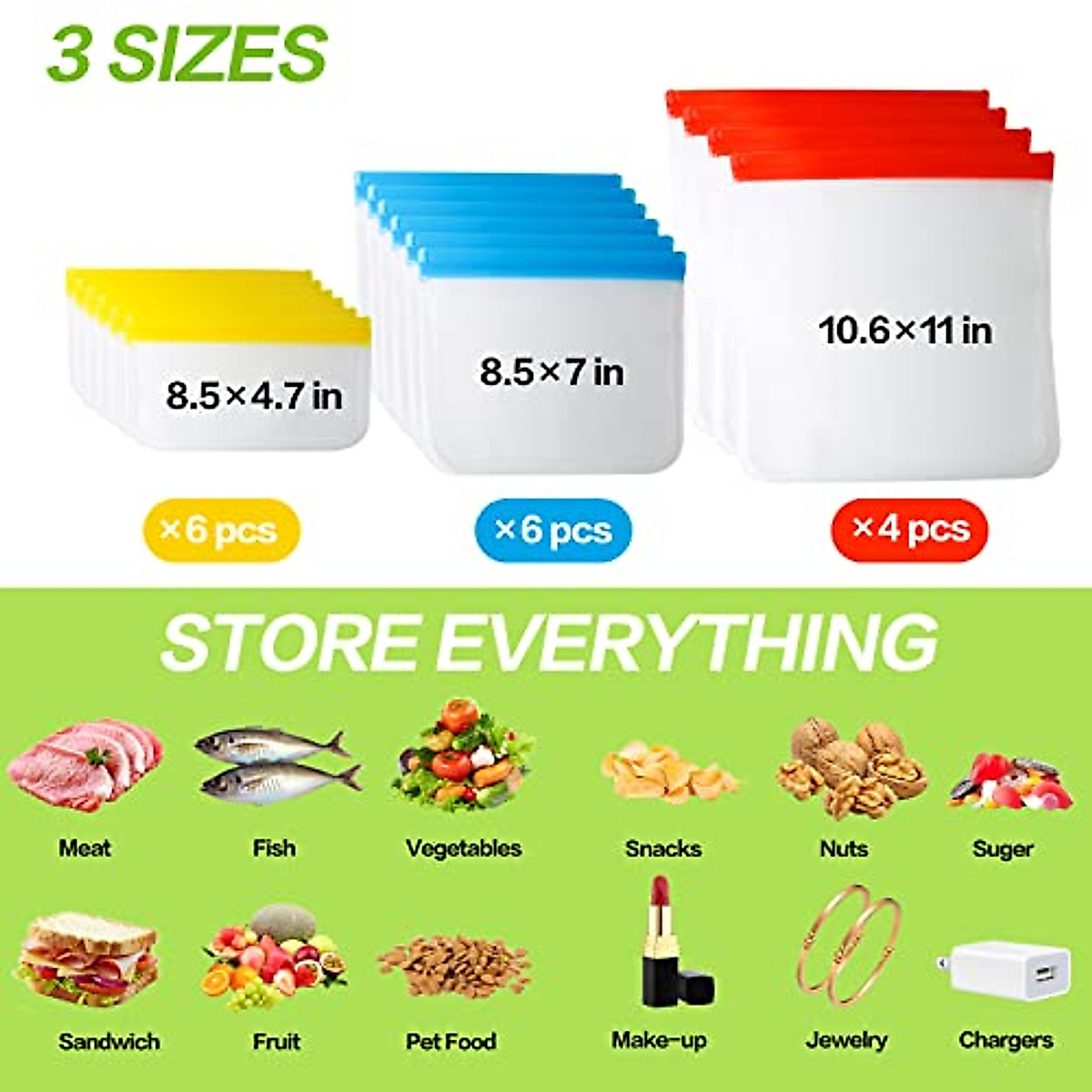 16 Pack Reusable Food Storage Bags BPA FREE,Leakproof Silicone Freezer Bags for Lunch Marinate Food Travel - 4 Gallon 6 Sandwich 6 Snack Bags