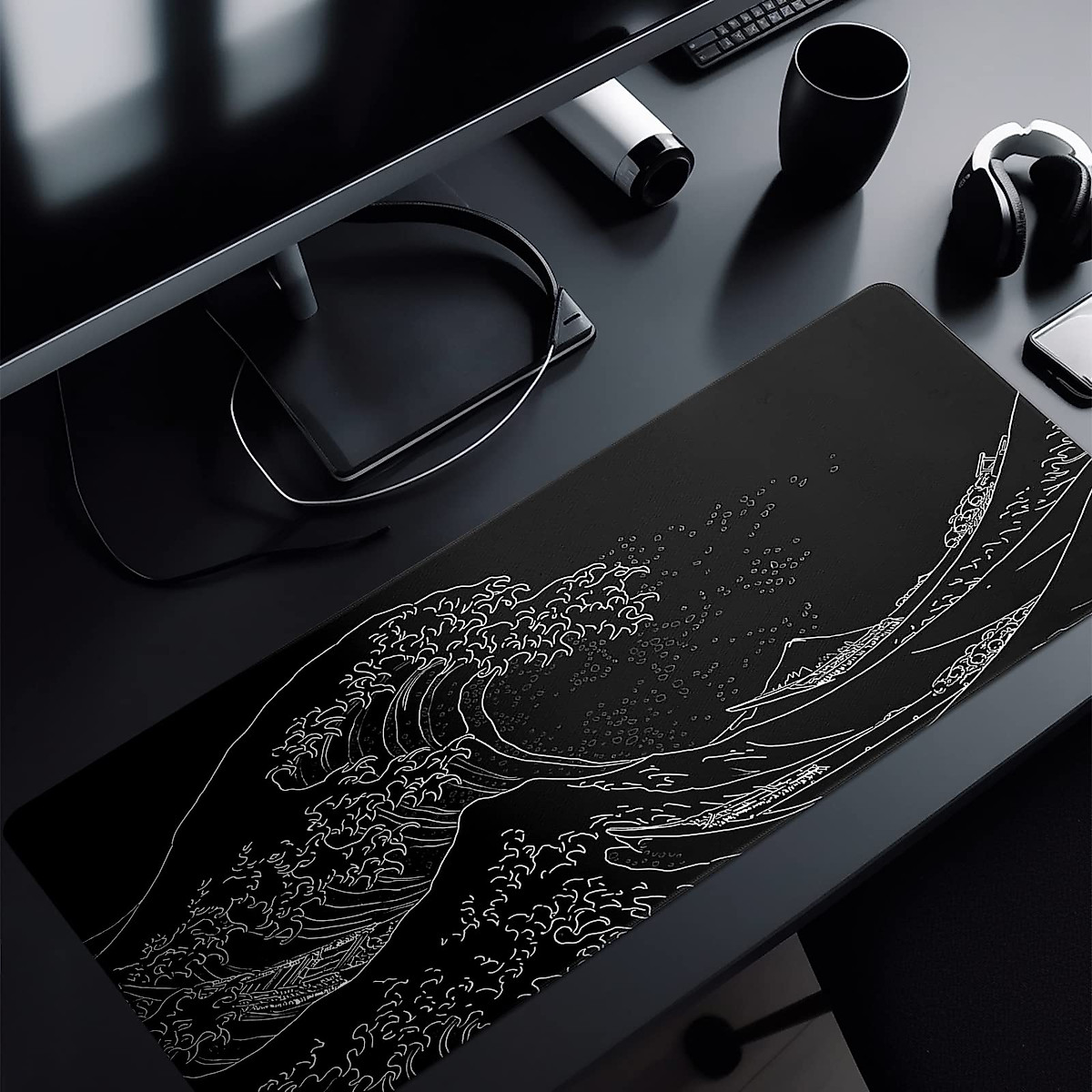 Japanese Gaming Mouse Pad Abstract Black Mouse Pad 31.5x11.8 Inch Black Sea Wave Texture Non-Slip Rubber Base Large Ocean Mousepad Stitched Edges Keyboard Mouse Mat Desk Pad for Office and Home