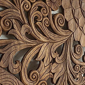 Boho Wood Carve Hanging Headboard, Texas King Size Back Bed, Wall Mounted Carving from Thailand, Brown Color, 80 inches