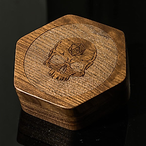 UDIXI Wooden Dice Box Skull Pattern, Walnut Dice Case with Magnetic Lid for Storage 7-Die Polyhedral Dice Set, Easy Carring, DND Gift (Hexagon)