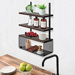 GIOTORENT Floating Shelves Wall Mounted Set of 3, Wood Bathroom Shelves Over Toilet with Paper Storage Basket,Wood Wall Shelves for Wall Decor, Bathroom, Bedroom, Living Room,Rustic Brown